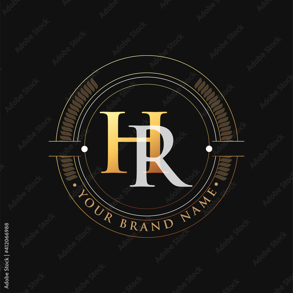 initial letter logo HR gold and white color, with stamp and circle ...