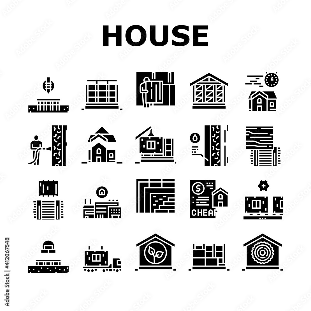 Timber Frame House Collection Icons Set Vector. Pile Screw Foundation ...