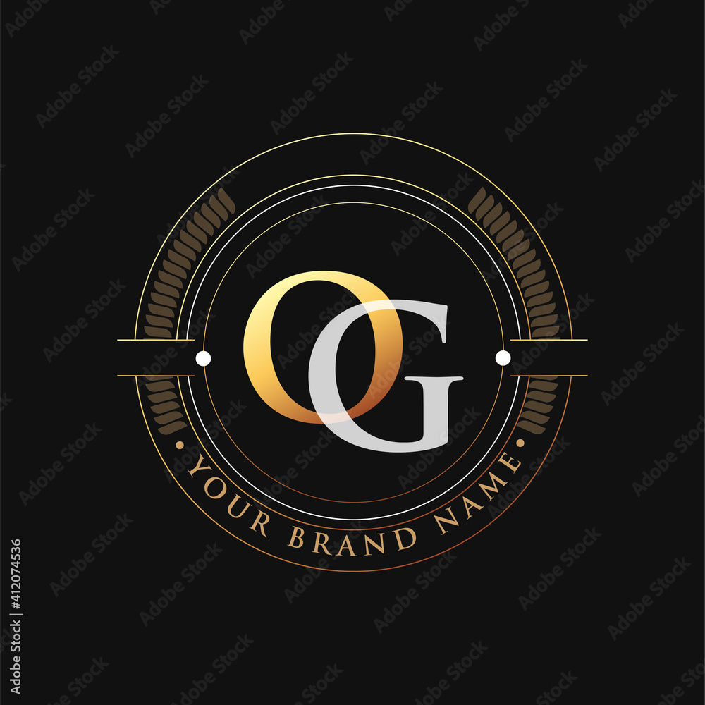 initial letter logo OG gold and white color, with stamp and circle ...