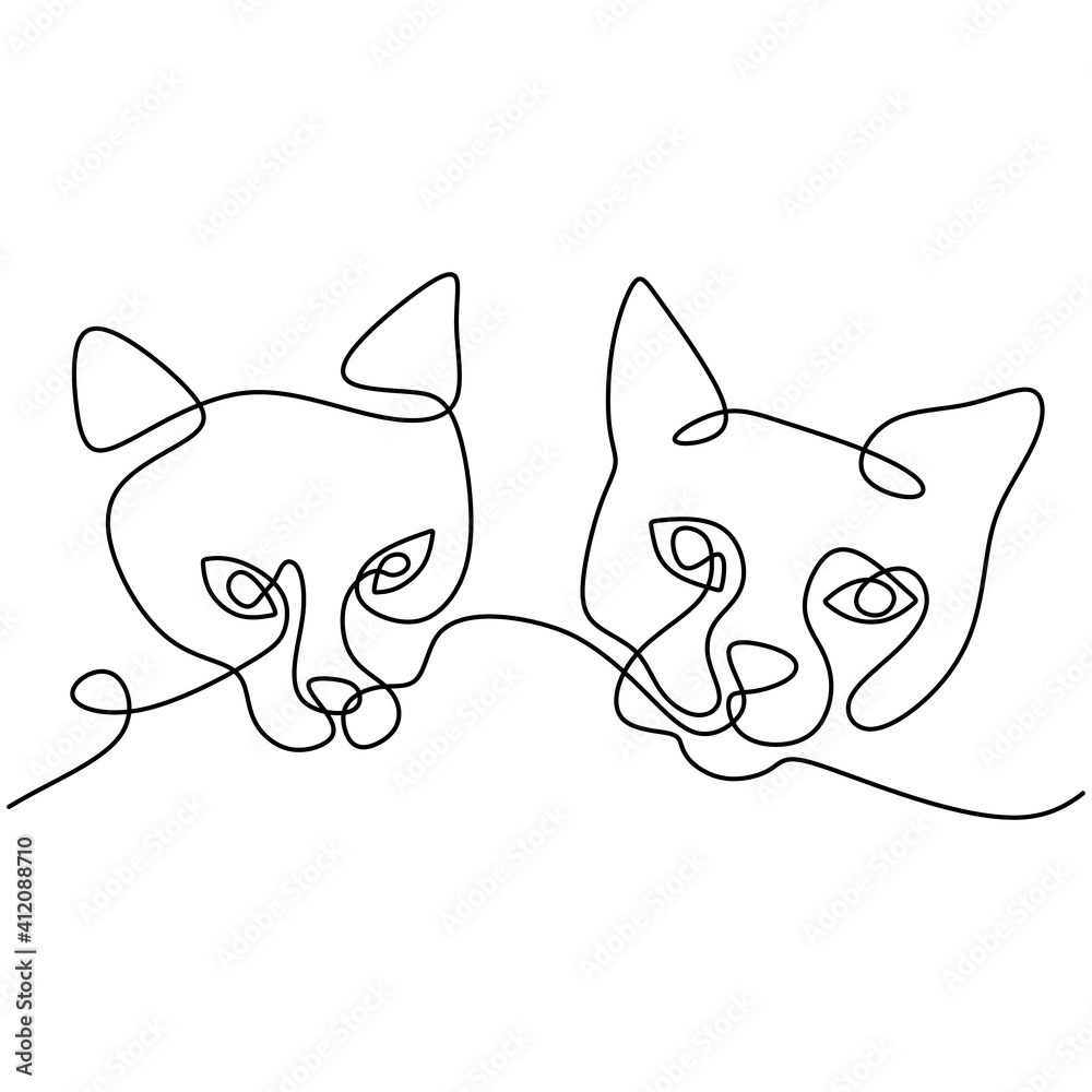 Continuous one line drawing of cat face couple. Two cute kitten head ...