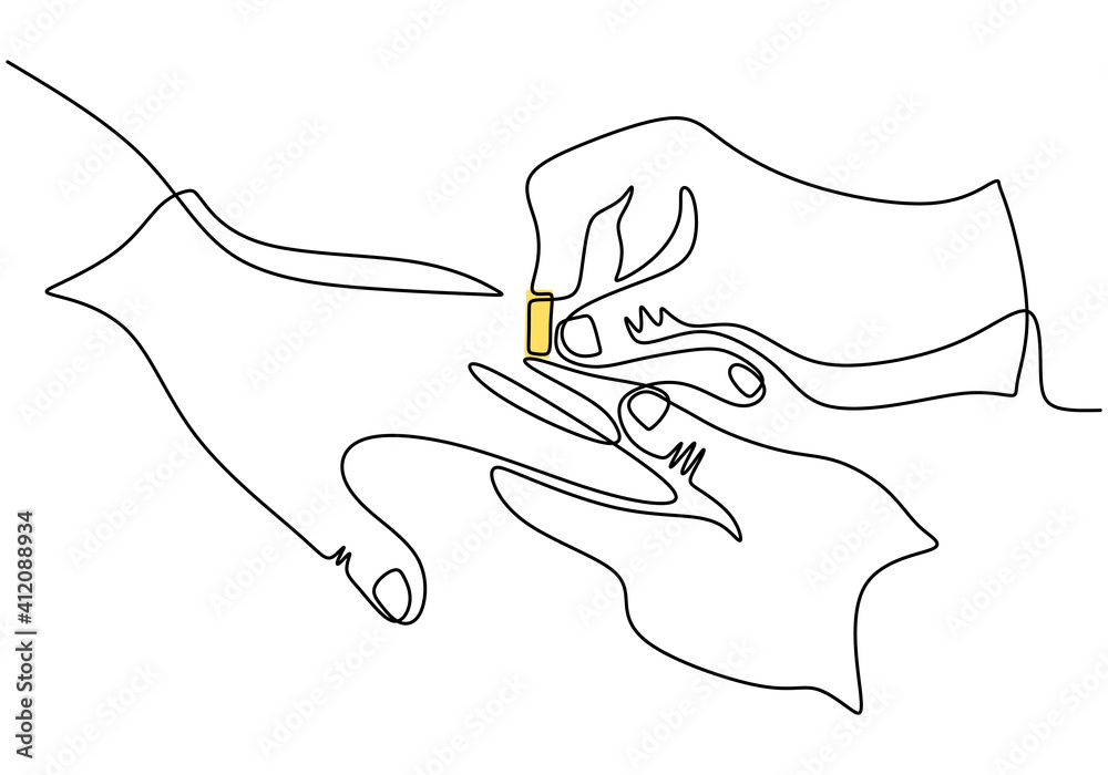 One continuous line drawing of male and female hands showing engagement ...