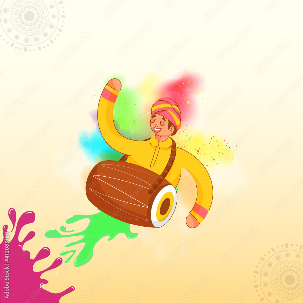 Cartoon Man Playing Dhol With Color Splash On Yellow Background. Stock ...