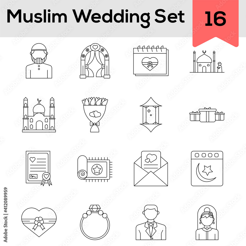 Black Line Art Muslim Wedding Icon Set On White Background. Stock ...