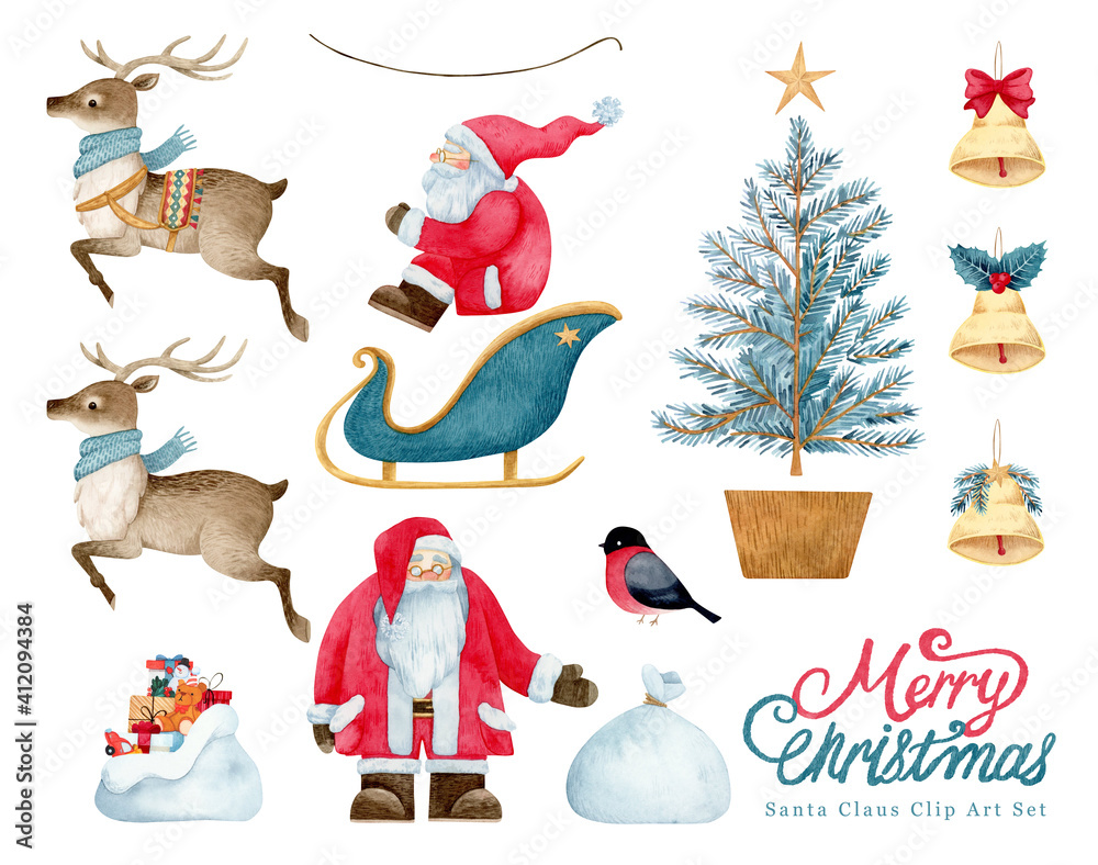 Big collection of Santa Claus. Santa, Christmas tree, gifts, reindeer ...
