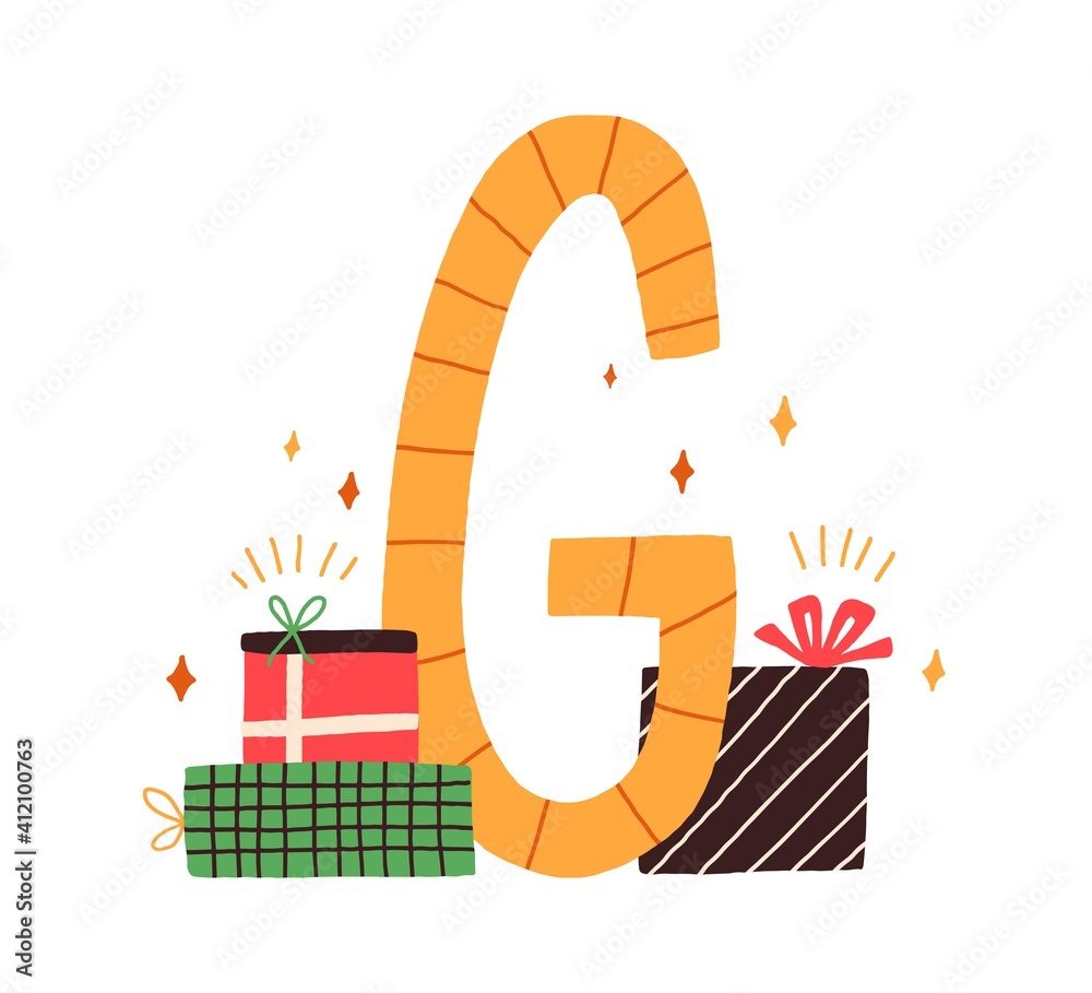 Capital letter G of childish English alphabet with gift boxes. Kids ...