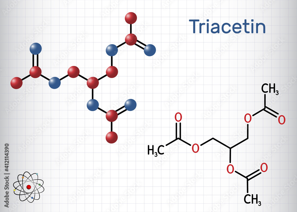 Triacetin, glycerin triacetate molecule. It is triglyceride, triester ...