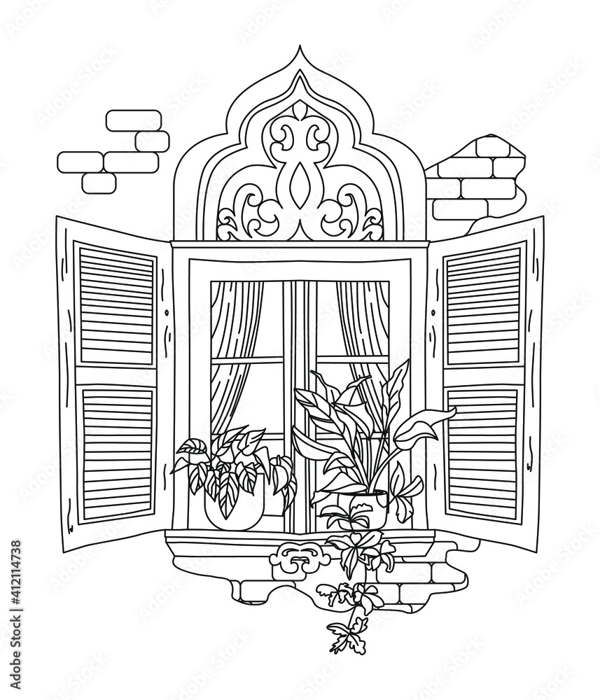 Vector monochrome illustration of an open window with potted plants in ...