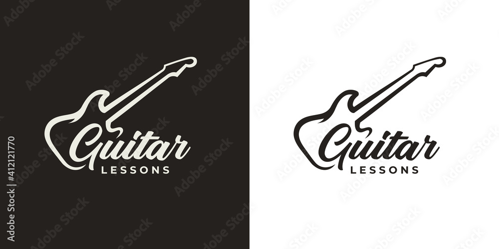 Guitar lessons logo. Music shop brand icon. Guitarist musician symbol ...