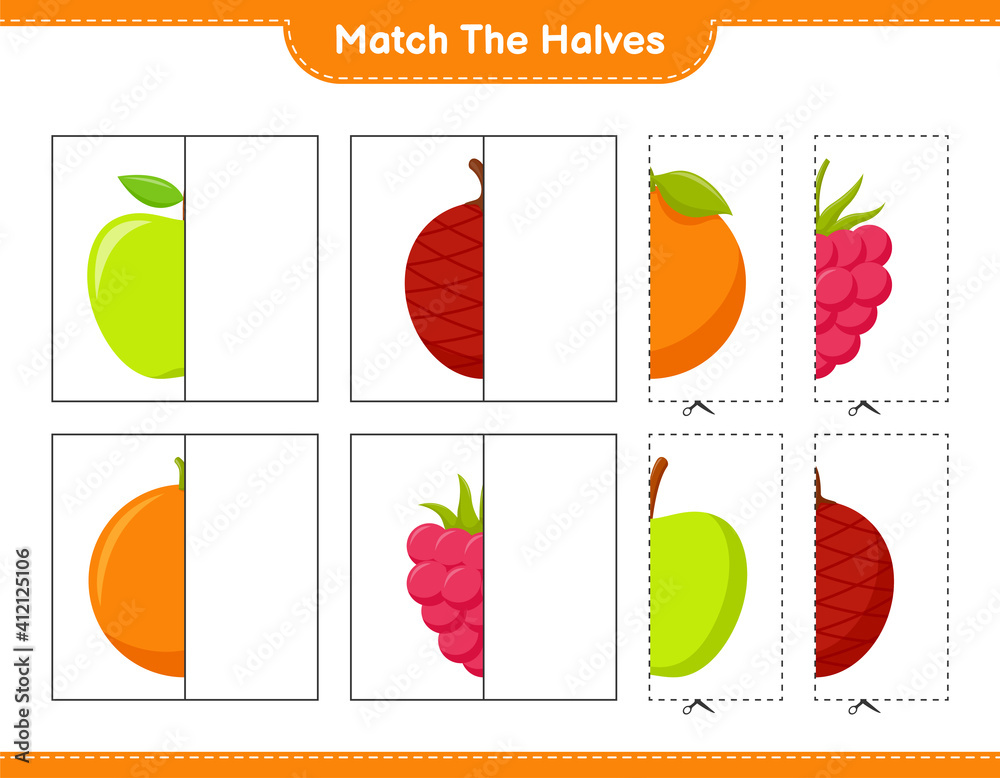 Match the halves. Match halves of Fruits. Educational children game ...