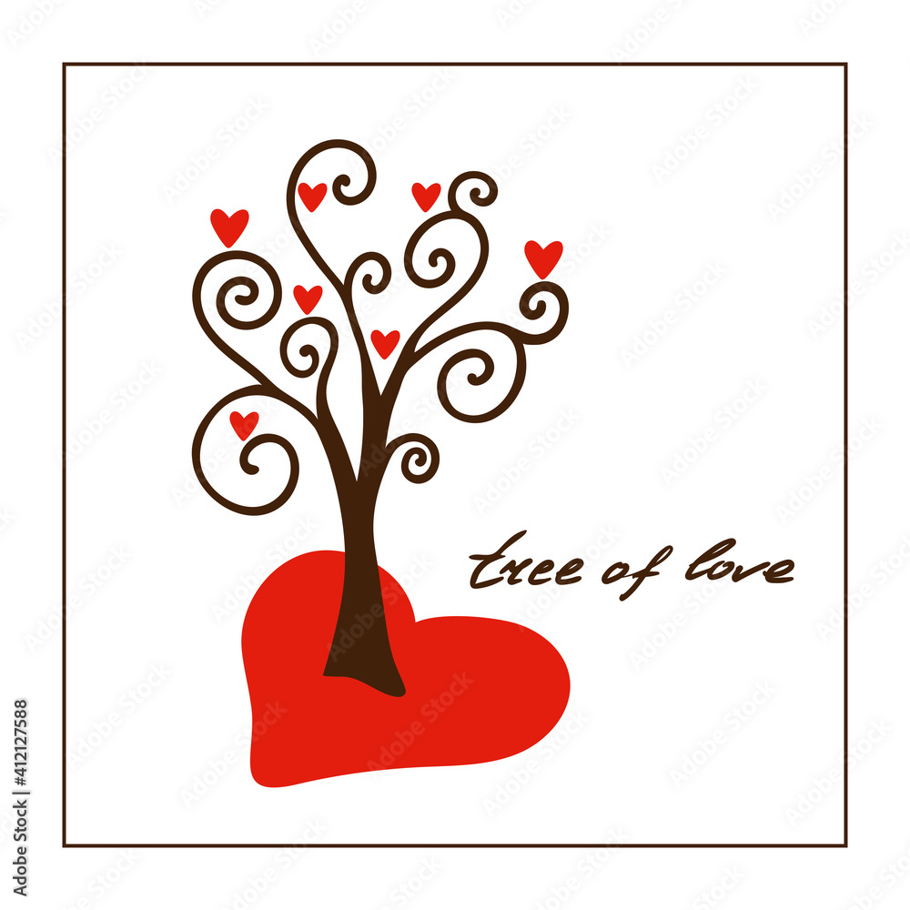 The tree of love. Vector postcard, a tree growing from a red heart with ...