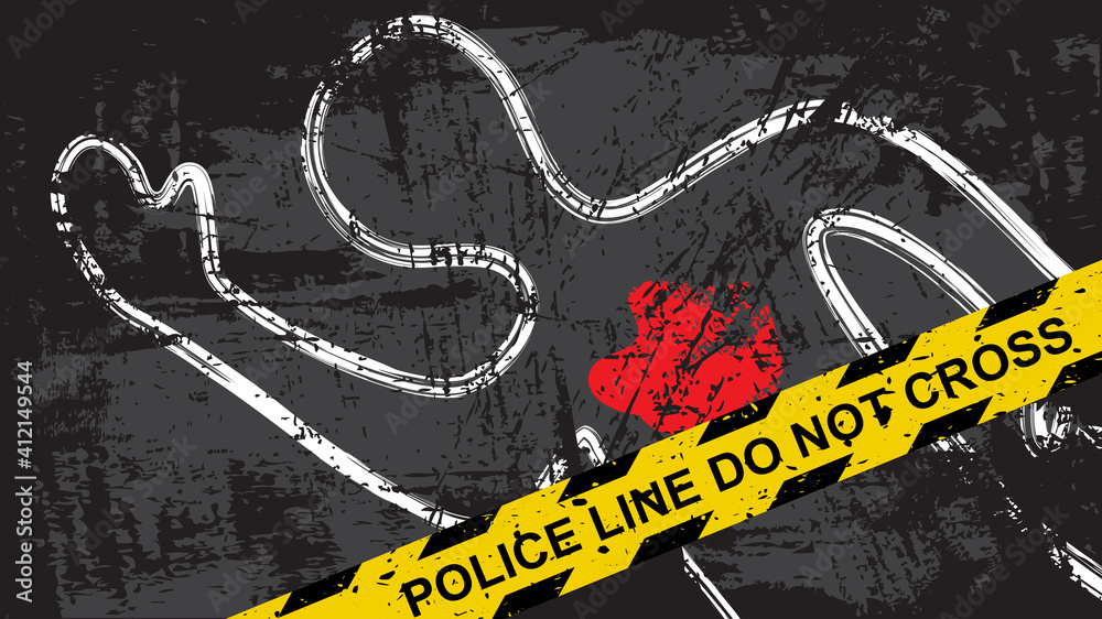 Crime scene background with police yellow tape and dead body with blood ...