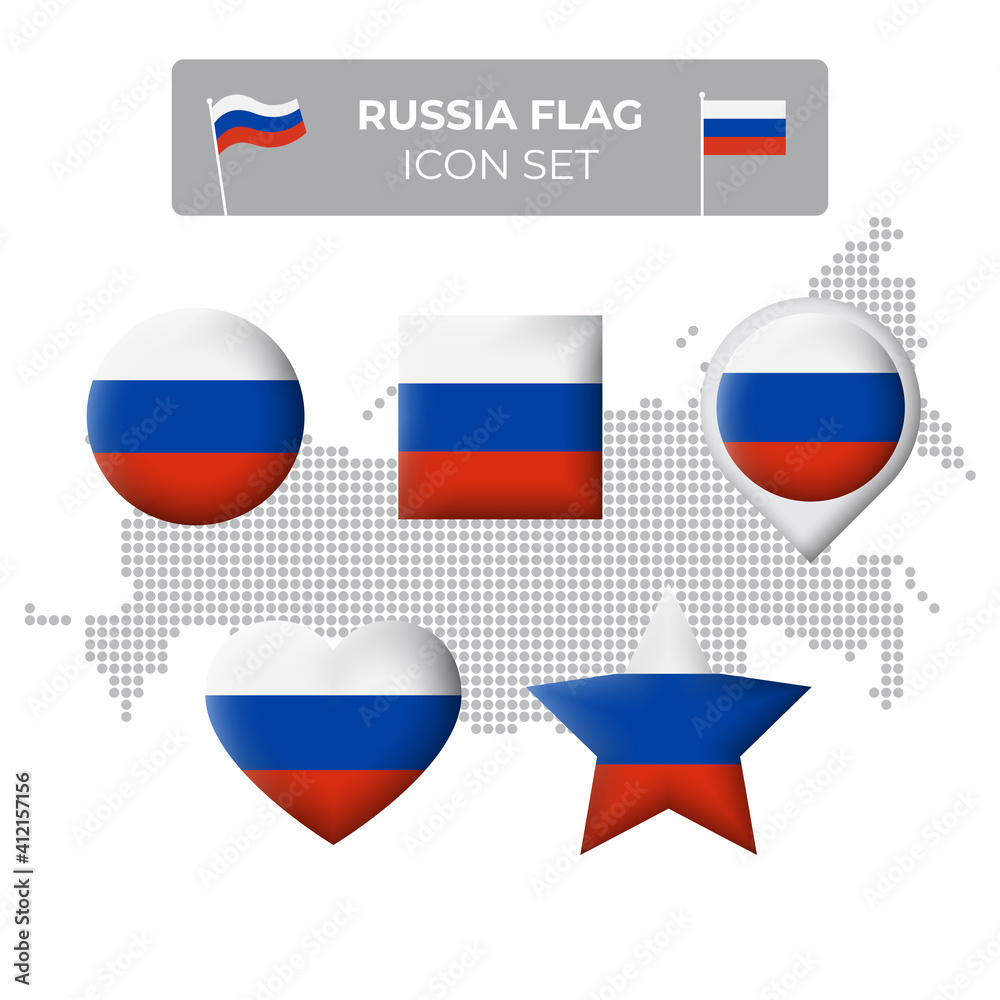 Russia flag icons set in the shape of square, heart, circle, stars and pointer, map marker ...