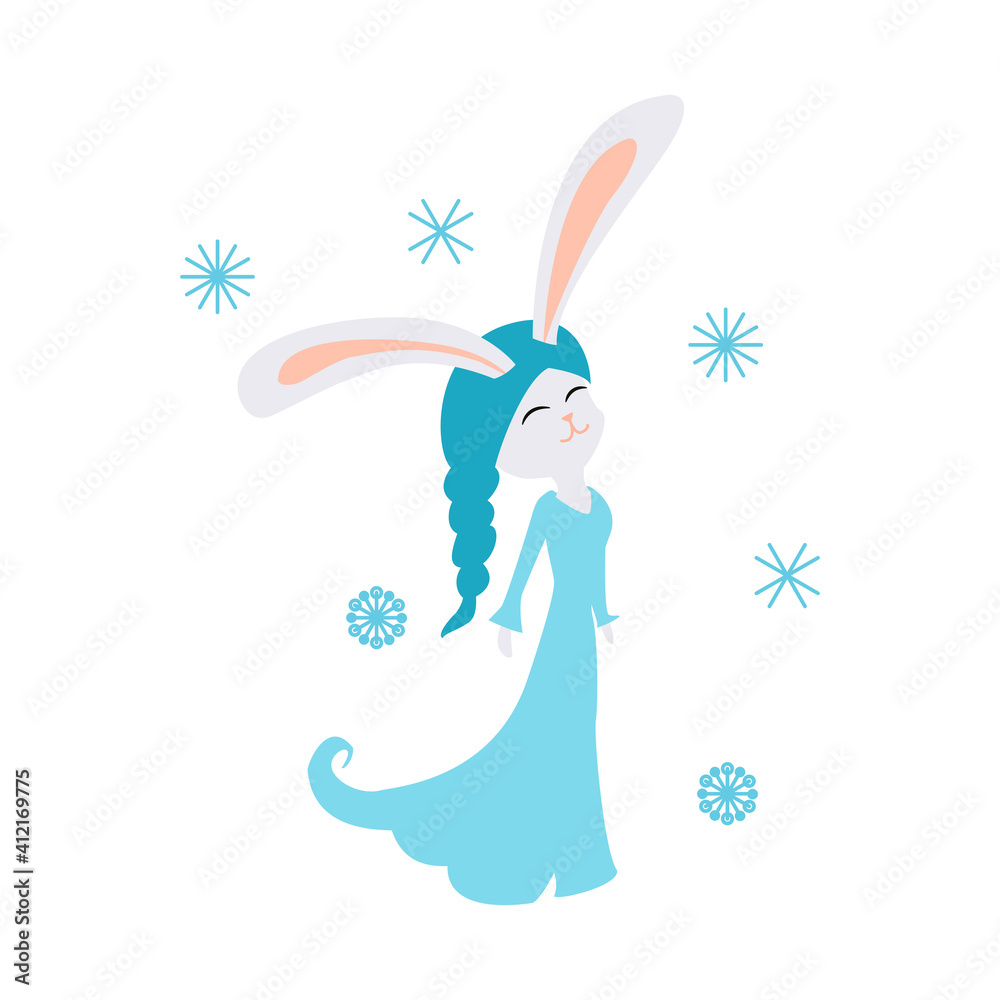 Cartoon flat snow rabbit isolated on white. Can be used for notebook ...