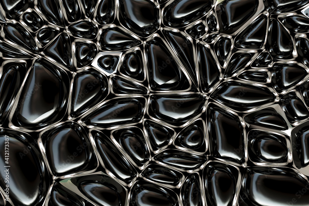 3d rendering of black abstract objects with silver lines background ...