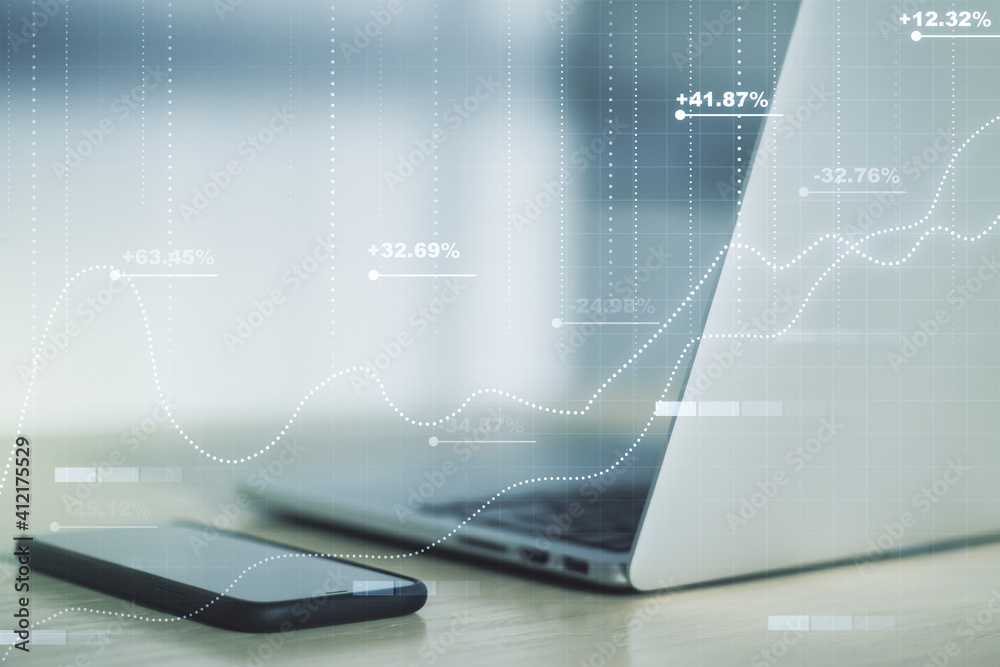 Multi exposure of abstract graphic data spreadsheet sketch on modern ...