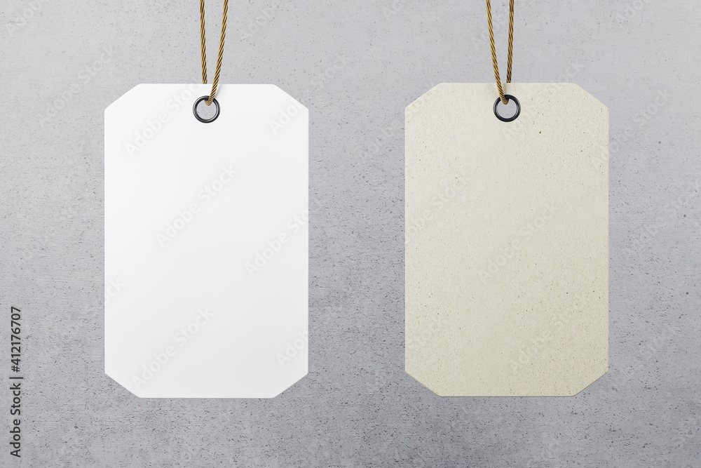 Two blank hanging tags: empty white and eco friendly beige made from ...