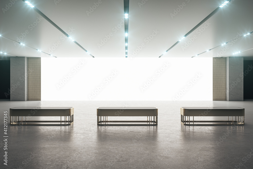 Modern loft style empty business hall room with gold color benches on ...