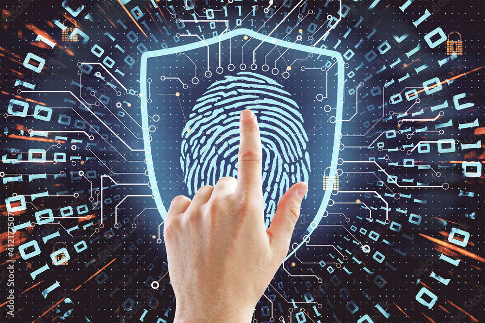 Fingerprint login concept with man finger touching digital screen with ...