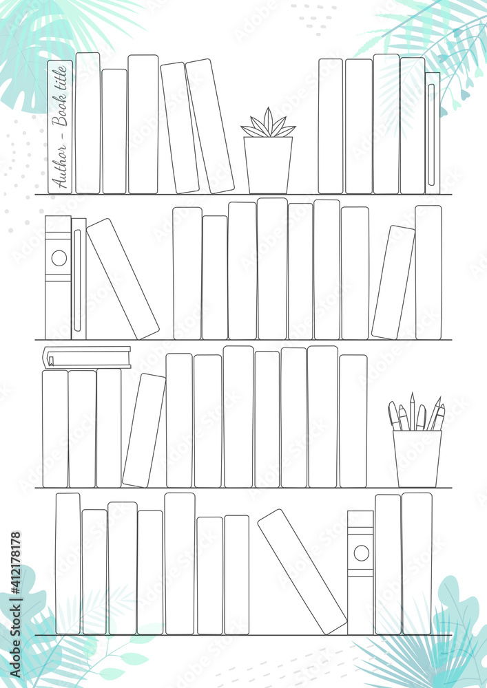 Printable A4 paper sheet with bookshelves and books on background with ...