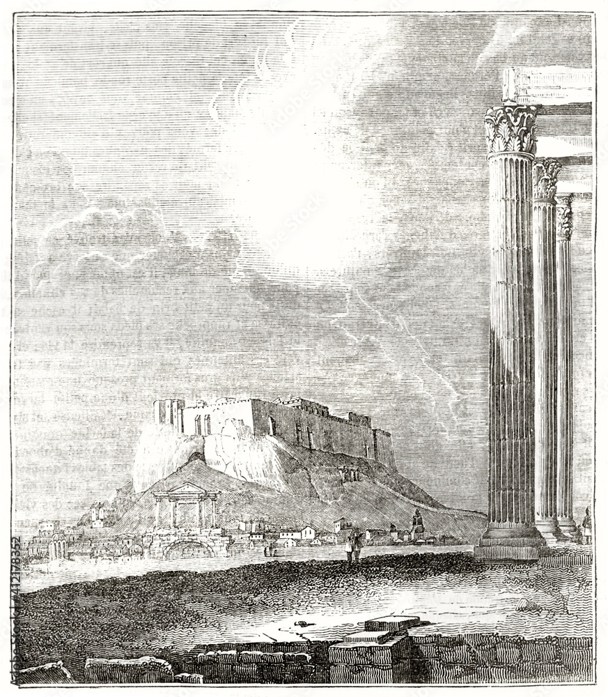 Acropolis of Athens far on distance from a greek temple location with ...