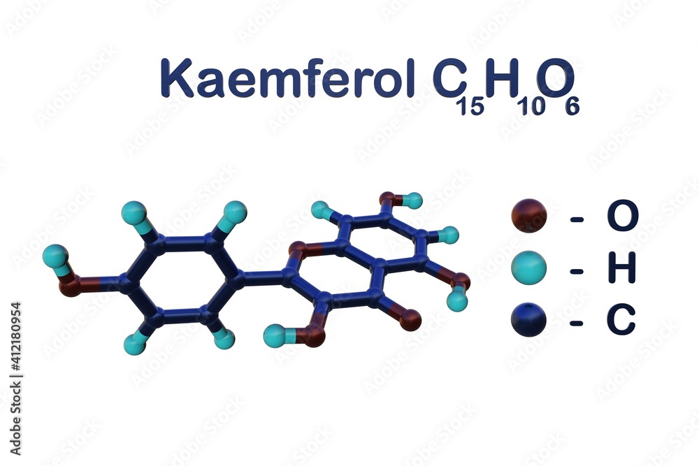 Structural chemical formula and molecular model of kaemferol, a natural ...