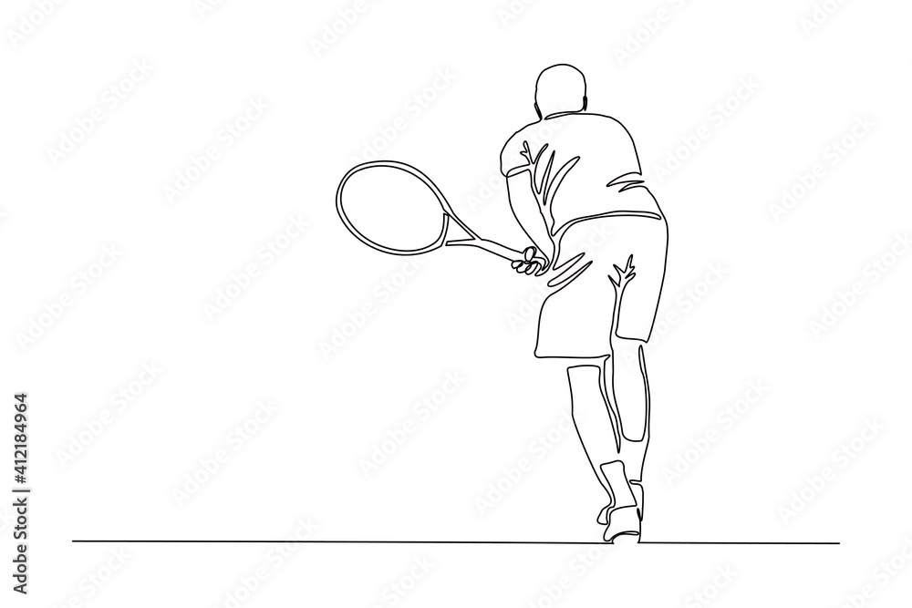 Continuous line drawing of man playing tennis tournament. Single one ...