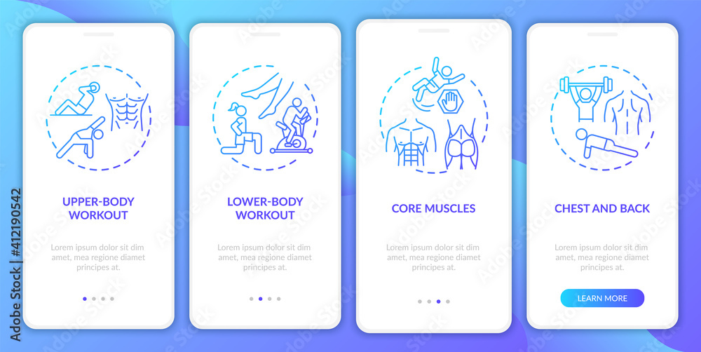 Workout Types Onboarding Mobile App Page Screen With Concepts Upper Body Training Chest And
