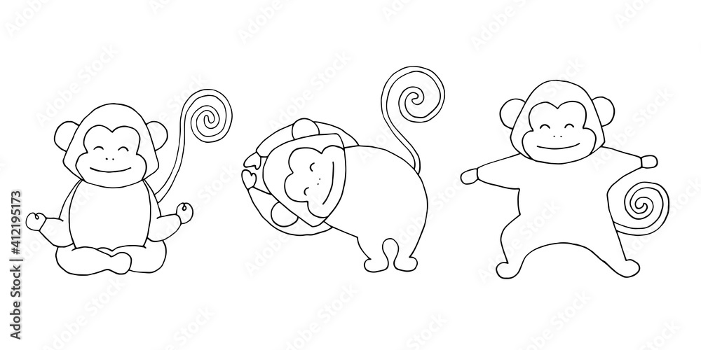 Three monkeys doing yoga. Asanas. Yoga poses. Charging. Exercises. Warm ...