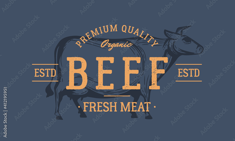 Beef logo. Cow isolated on dark blue background. Cow silhouette. Beef ...