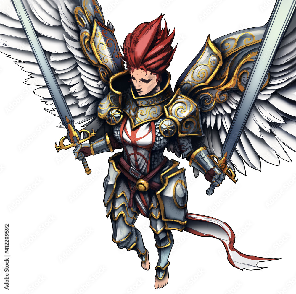 Angel girl, she is a knight in beautiful chased armor with two paired ...