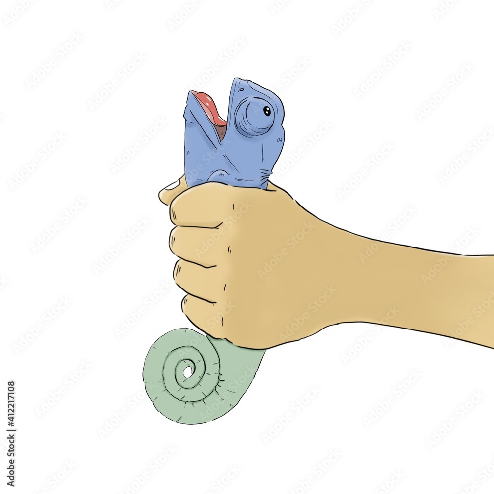 Cartoon chameleon being choked and strangled by hand and changing color ...