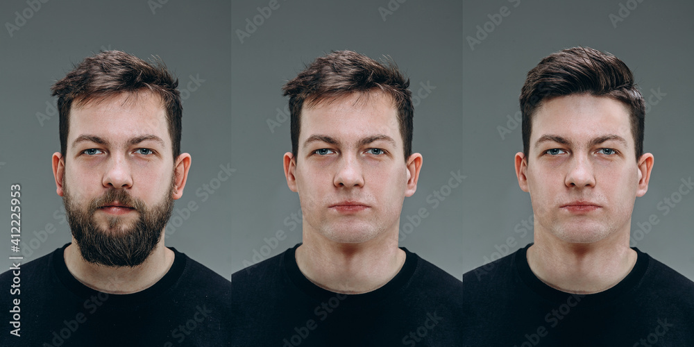 Smooth. Collage of man before and after visiting barbershop, client's ...