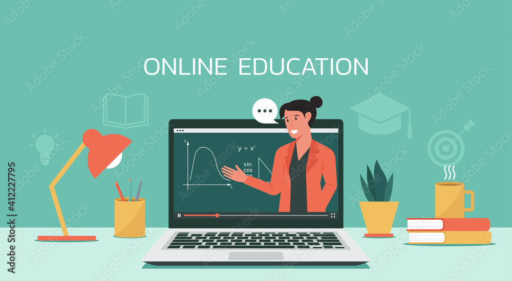 E-learning or online education, home school, woman teacher teaching via ...