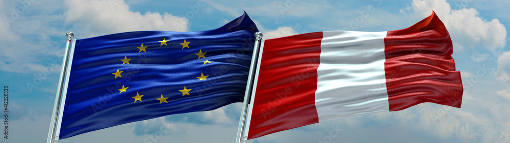 European Union Flag and Peru flag waving with texture and Blue cloudy ...
