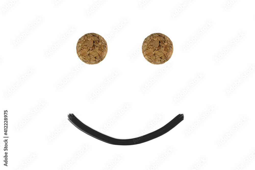 Abstract emoticon with wine corks on white background as symbol of ...
