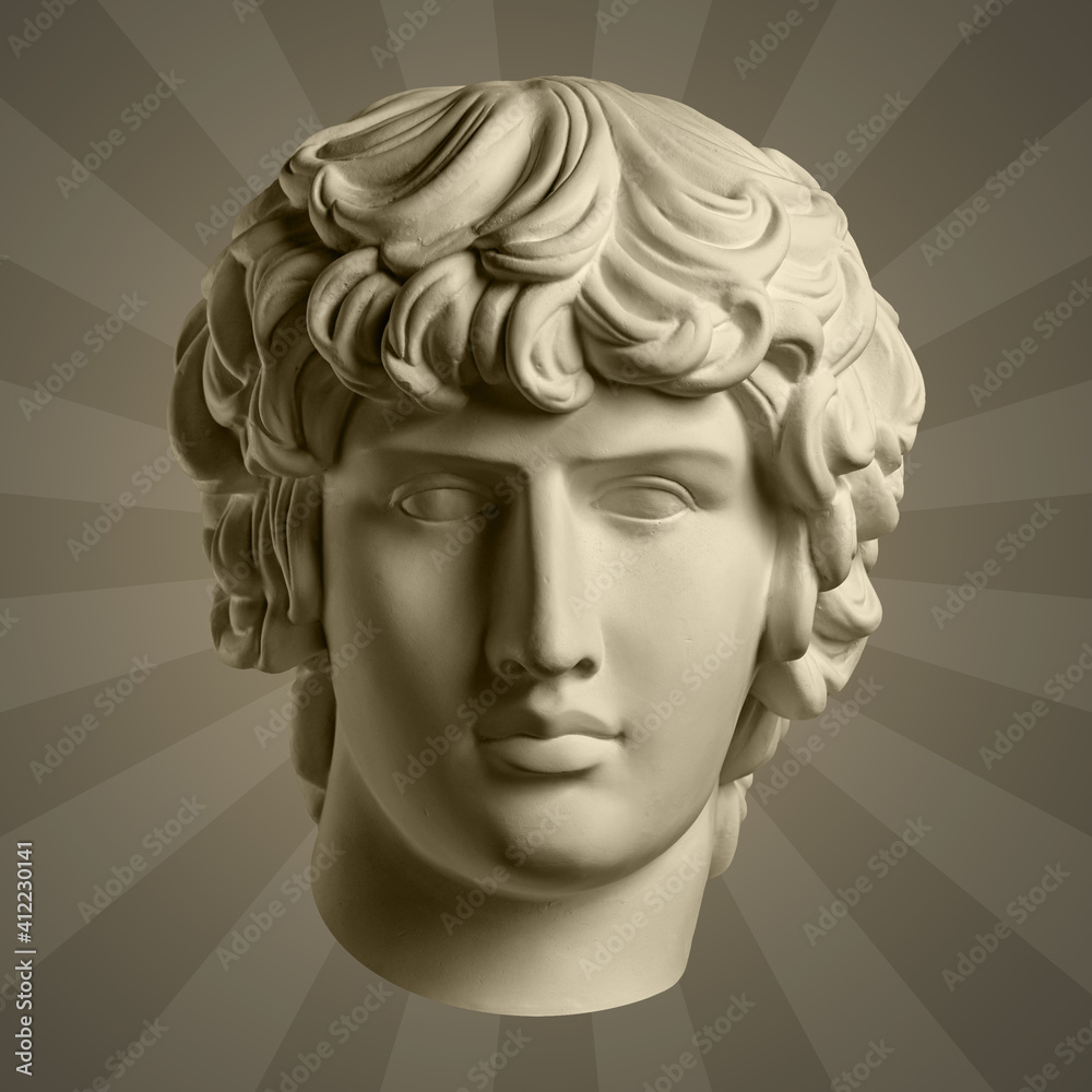 Collage with plaster antique sculpture of human face in a pop art style ...