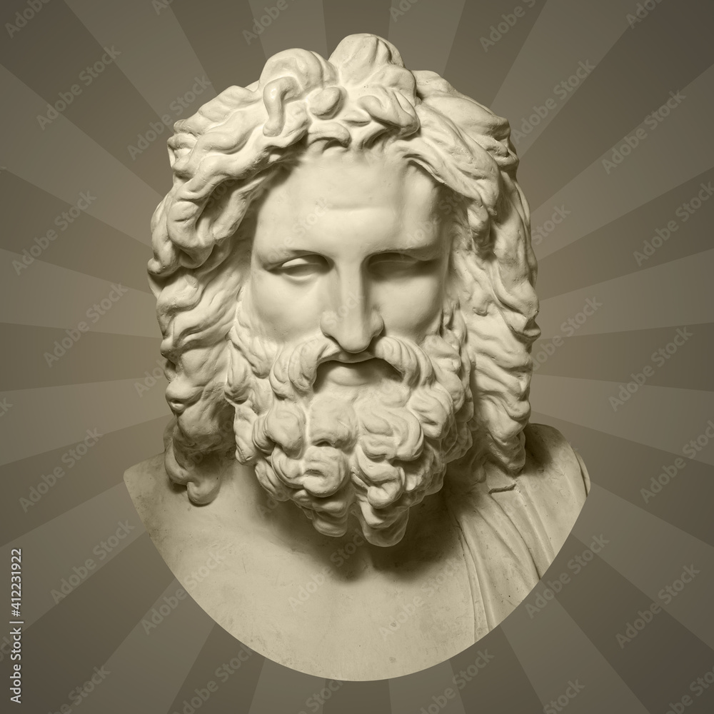 Collage with plaster antique sculpture of human face in a pop art style ...