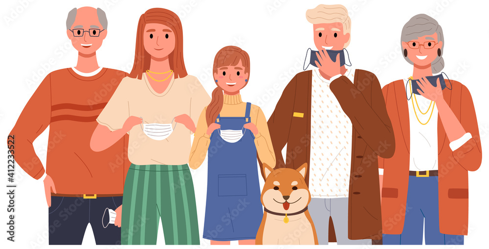 Group of people wearing medical masks. Cartoon characters take off ...