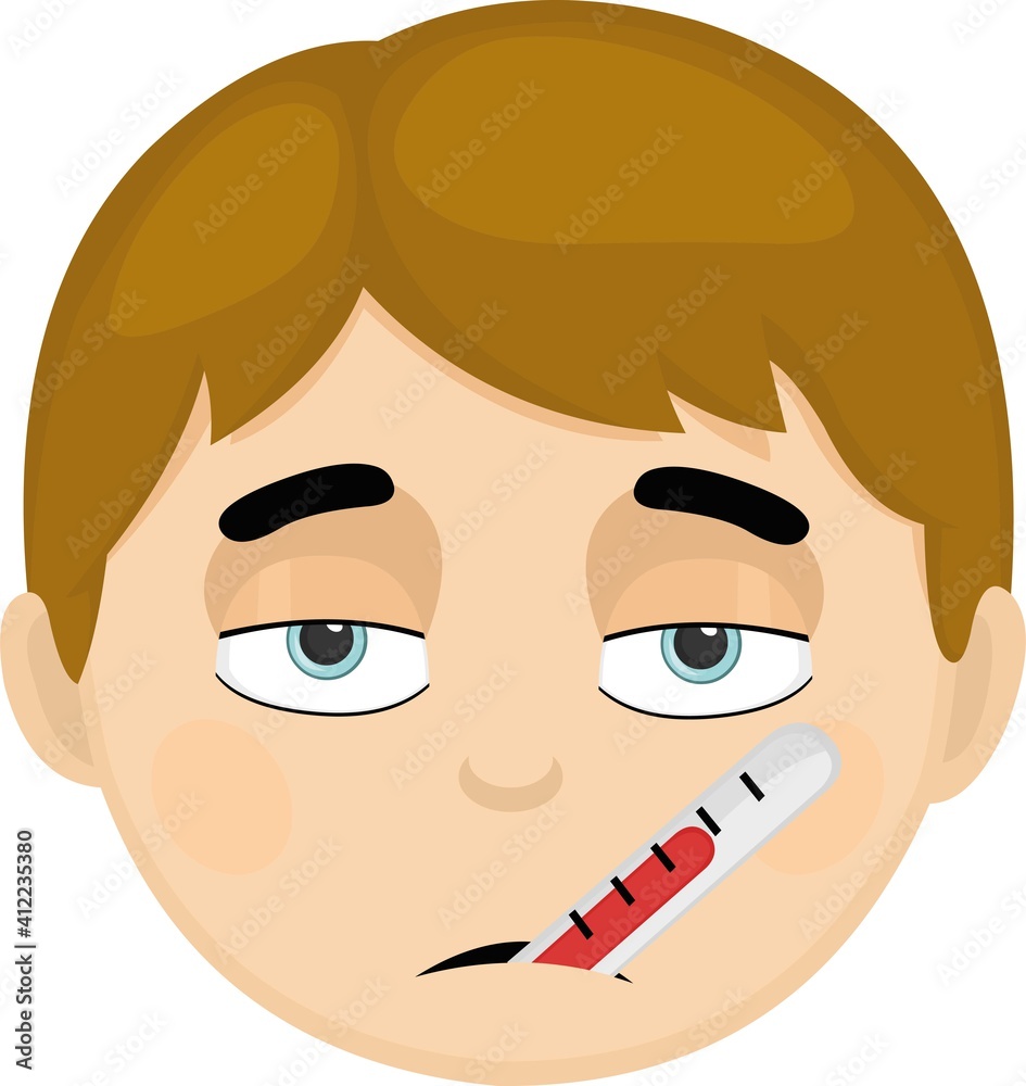 Vector illustration of a cartoon boy's face, with a pale face, fever ...