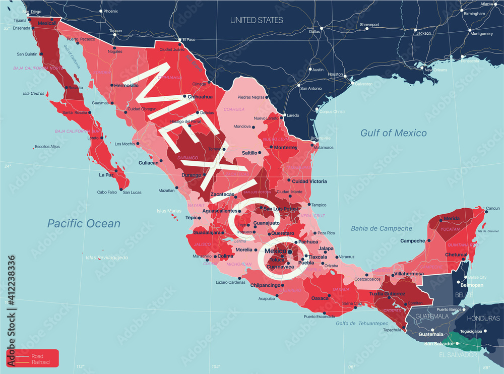 Mexico country detailed editable map with regions cities and towns ...