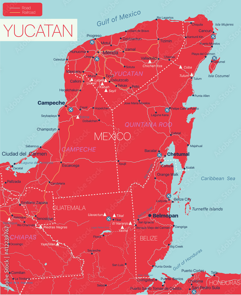 Vektorová grafika „Yukatan peninsula detailed editable map with regions ...
