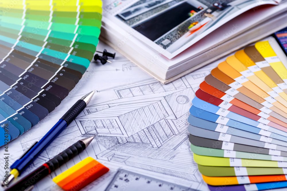 RUSHMOOR, UK - APRIL 30,2020:Interior designer's working table, an ...