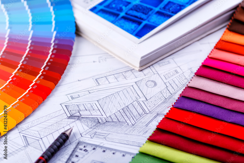 RUSHMOOR, UK - APRIL 30,2020:Interior designer's working table, an ...