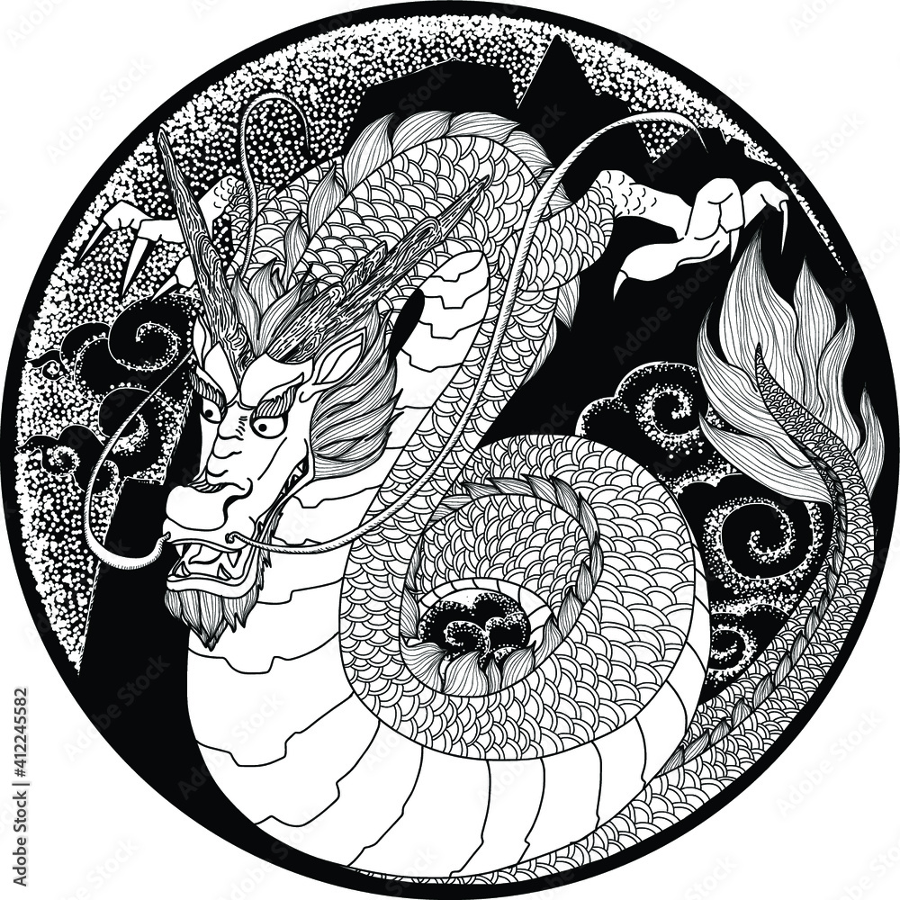 Infinity red dragon in circle isolate on white background.Chinese lucky ...