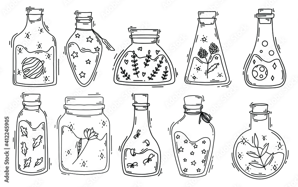 Vector set of magic bottles, chemistry, alchemist, children cartoon ...