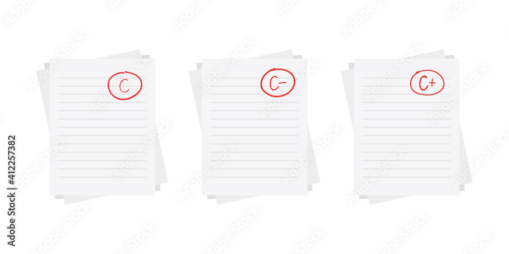 Evaluation system. Set of letters and grades of the teacher on paper ...