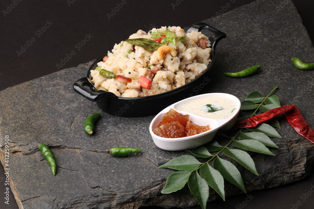Rice upma, a south Indian vegetarian breakfast made from shredded rice ...