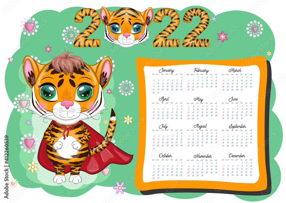 Cute Tiger Wall Calendar Template for 2022, Year of the Tiger, Chinese ...
