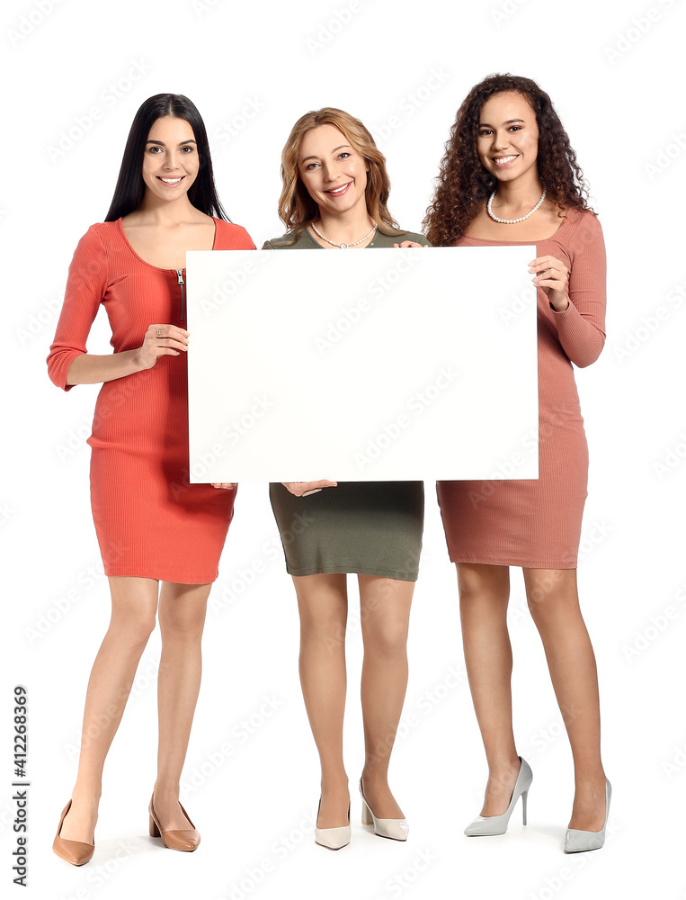 Beautiful women with blank poster on white background Stock Photo ...