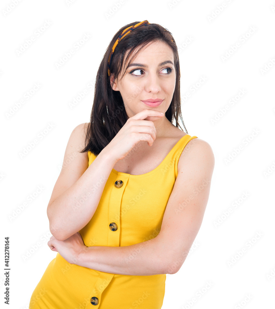 Young woman looking up with face expression imagination. Closeup ...